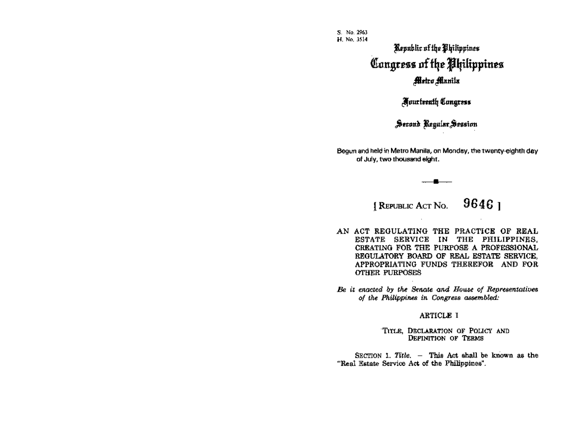 RA 9646 - RESA - Real Estate - StuDocu