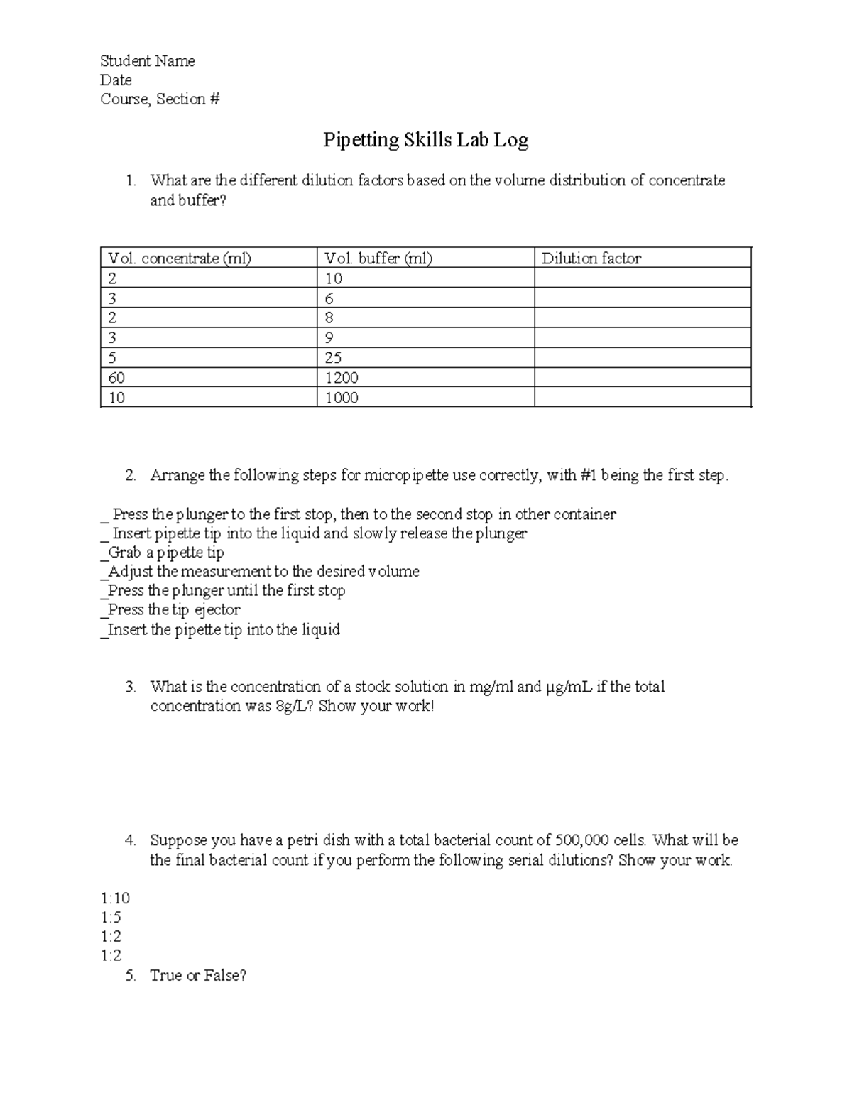 Pipetting Skills Lab Log - Tagged - Student Name Date Course, Section ...