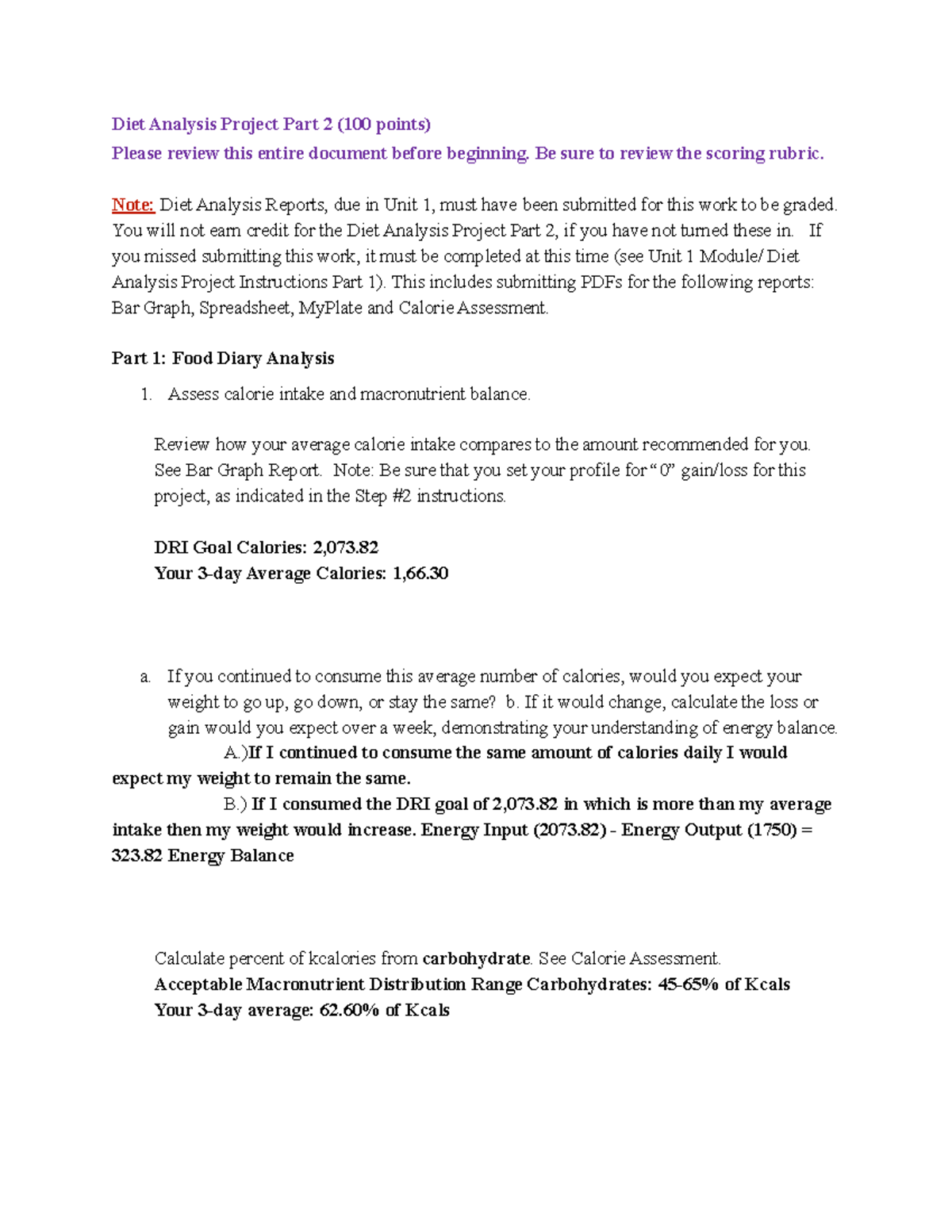 Diet Analysis Project Part 2 (100 points) - Diet Analysis Project Part 2 (100 points) Please ...