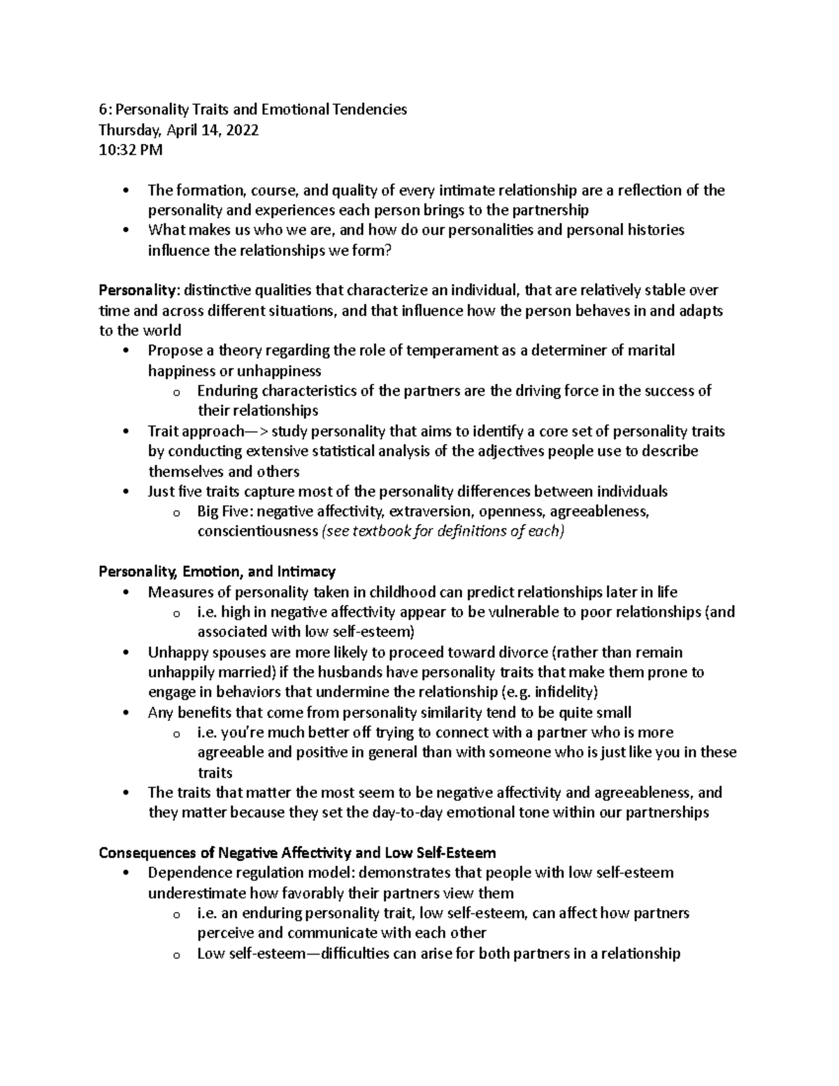 Lecture 6 notes - 6: Personality Traits and Emotional Tendencies ...