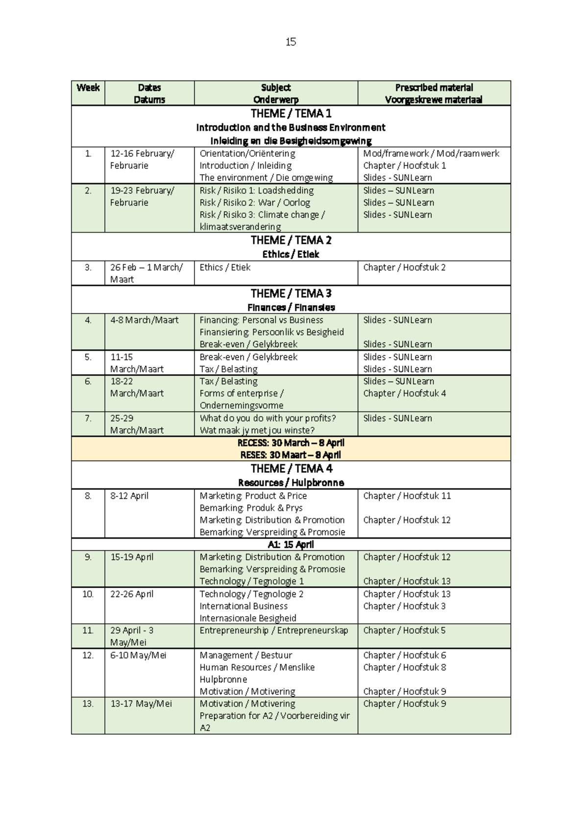 Bus Man Timetable - 15 Week Dates Datums Subject Onderwerp Prescribed ...