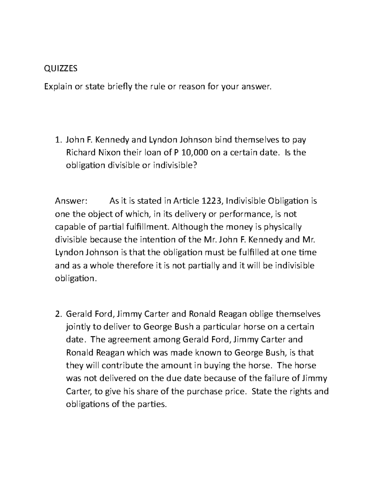 BLAW Quiz in Indivisible and Divisible Obligations - QUIZZES Explain or ...