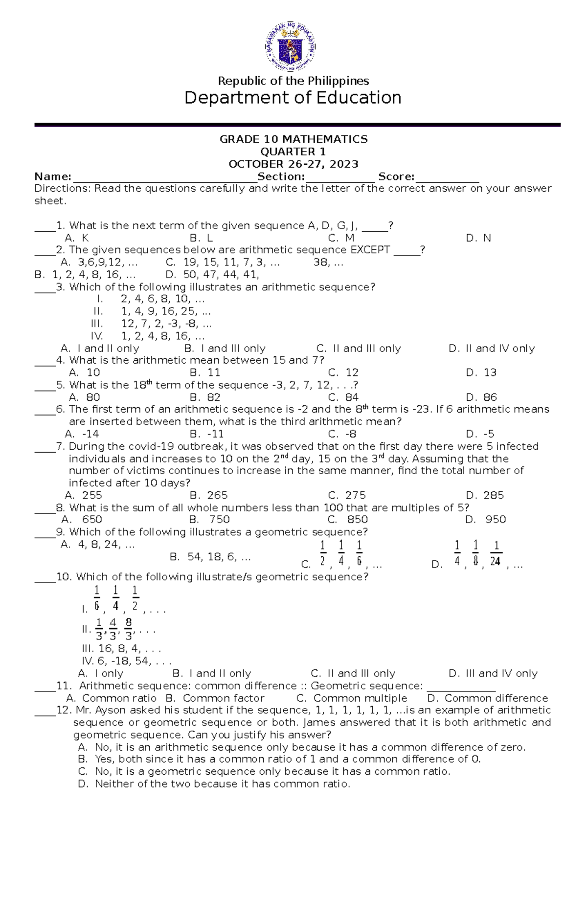 MATH 10 Q1 EXAM - exam - Republic of the Philippines Department of Education GRADE 10 ...