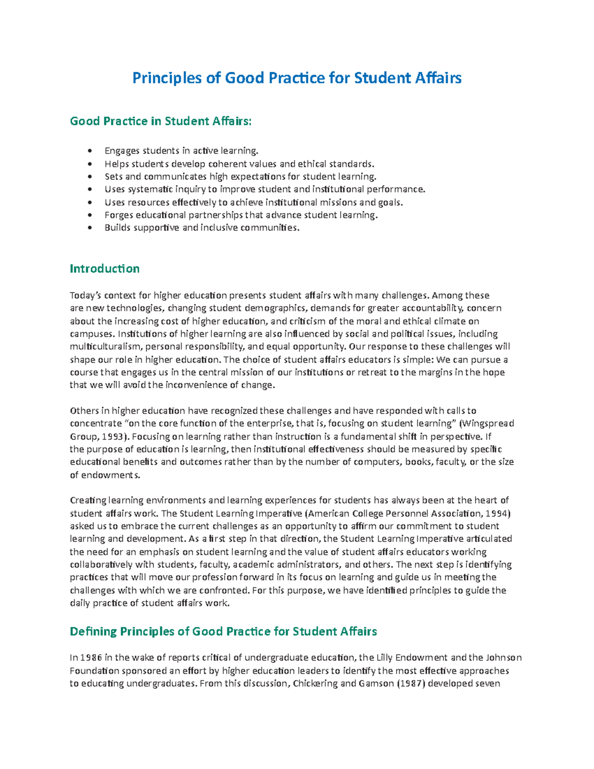 Principles of Good Practice in Student Affairs - Principles of Good ...