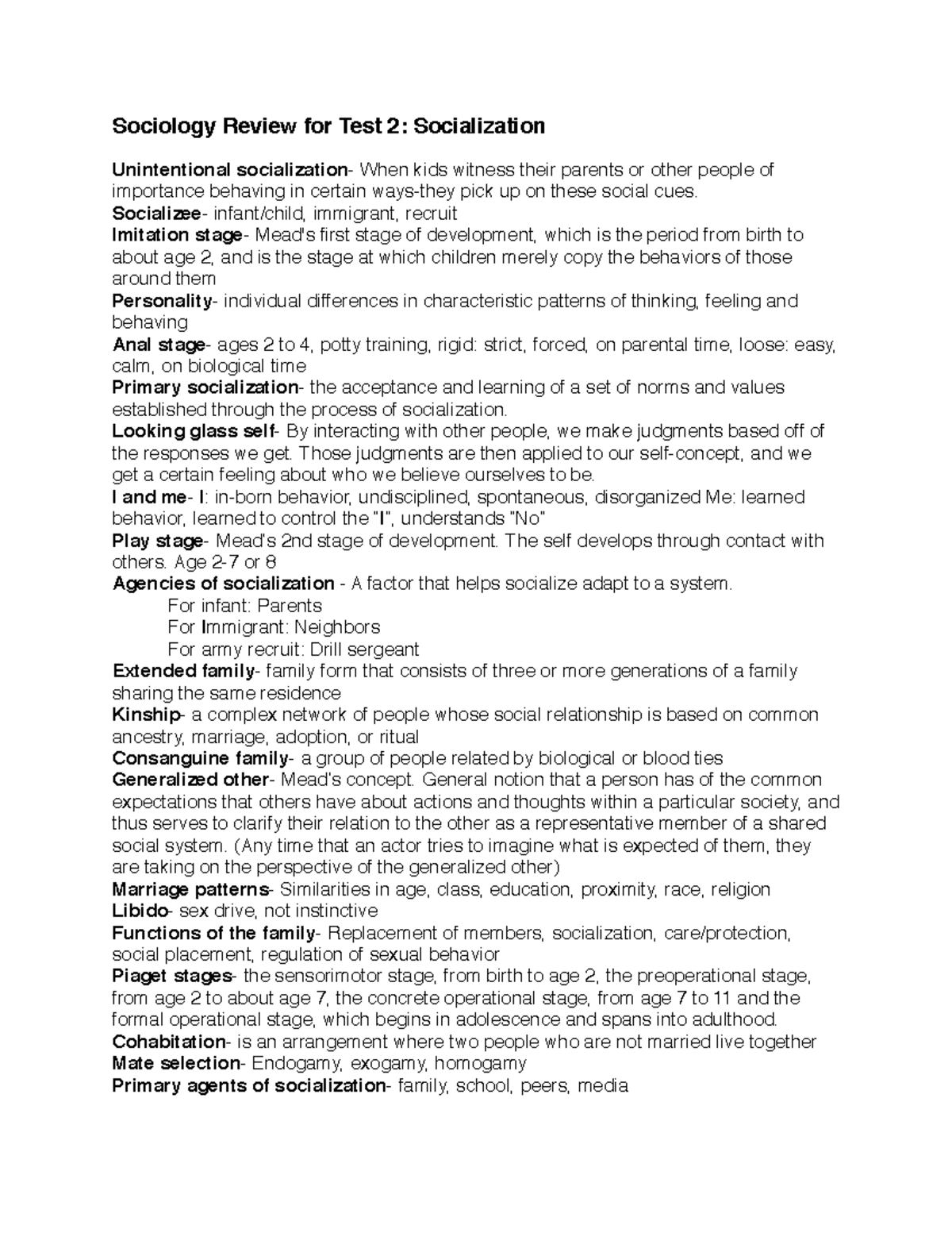 Sociology Test 2 Review - Sociology Review for Test 2: Socialization ...