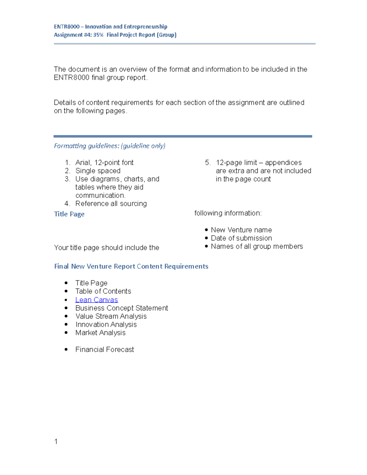 ENTR8000 Assignment 4 Final Report Guidelines detailed - BUS8375 ...