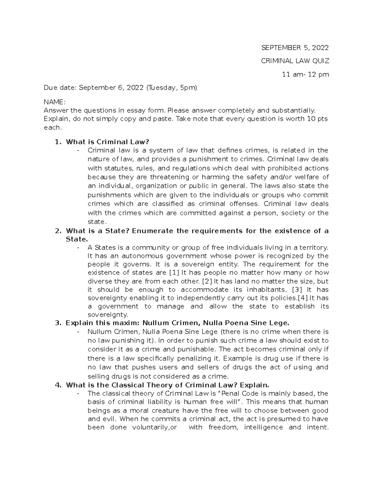 Introduction TO Criminal LAW QUIZ 1 - SEPTEMBER 5, 2022 CRIMINAL LAW ...