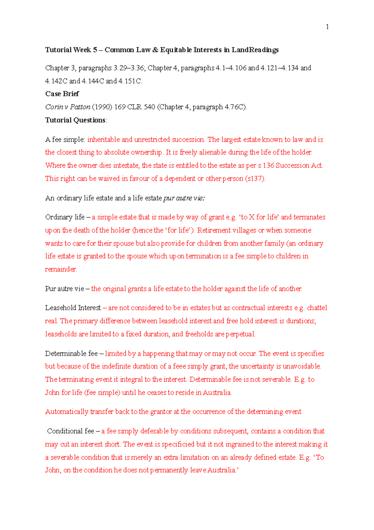Property Law Tutorial Questions - Tutorial Week 5 – Common Law ...