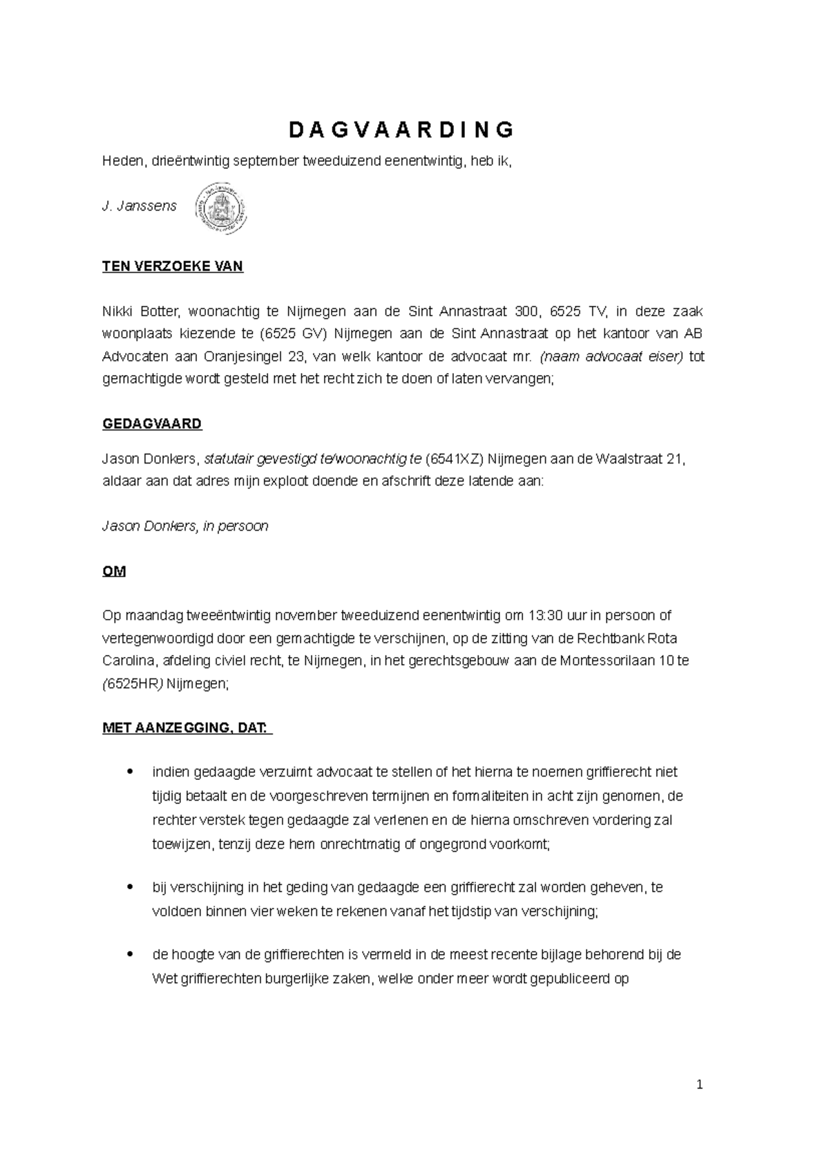 Definitieve dagvaarding van het vak Rota Carolina - Radboud ...