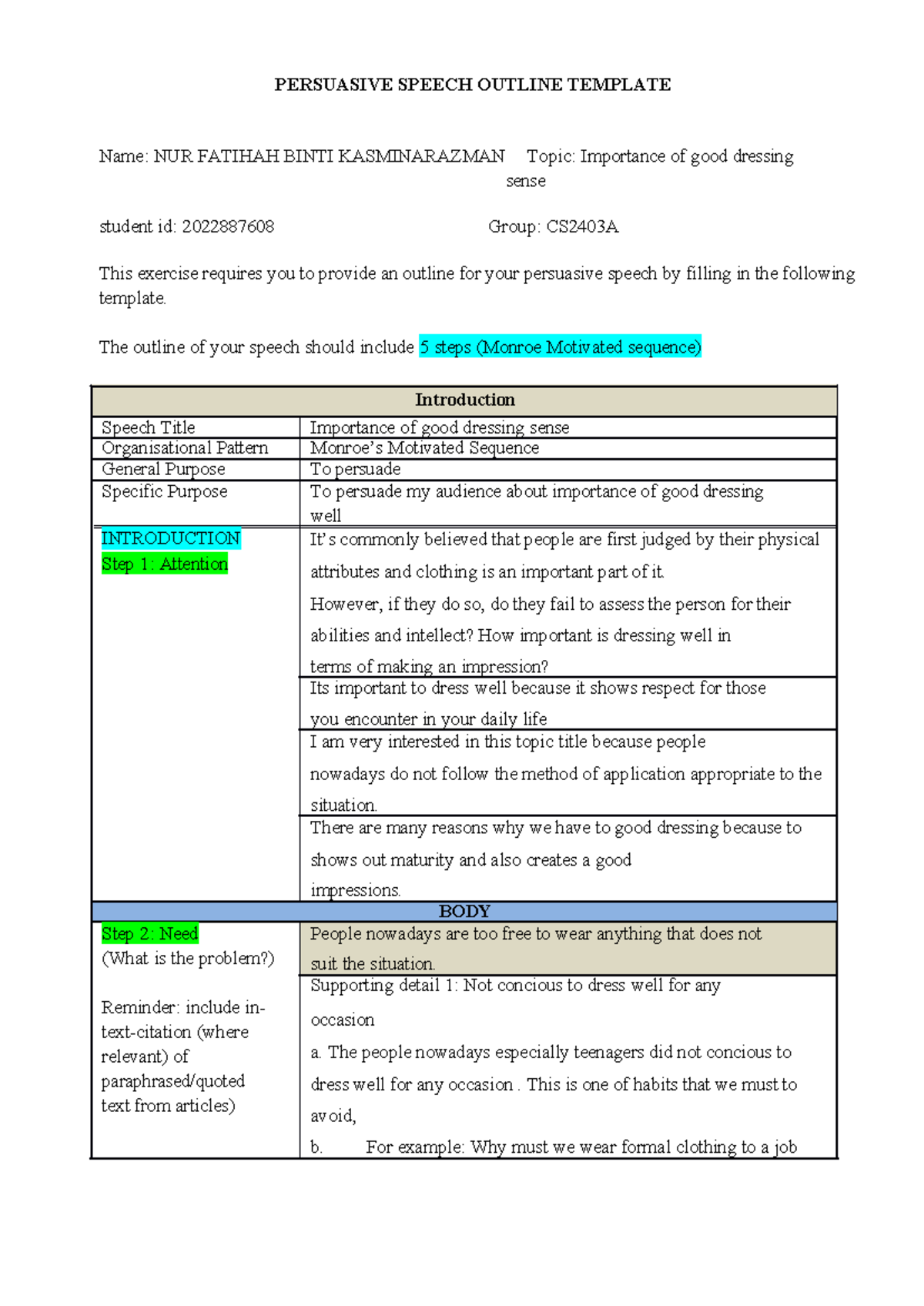 Persuasive Speech Outline - PERSUASIVE SPEECH OUTLINE TEMPLATE Name ...
