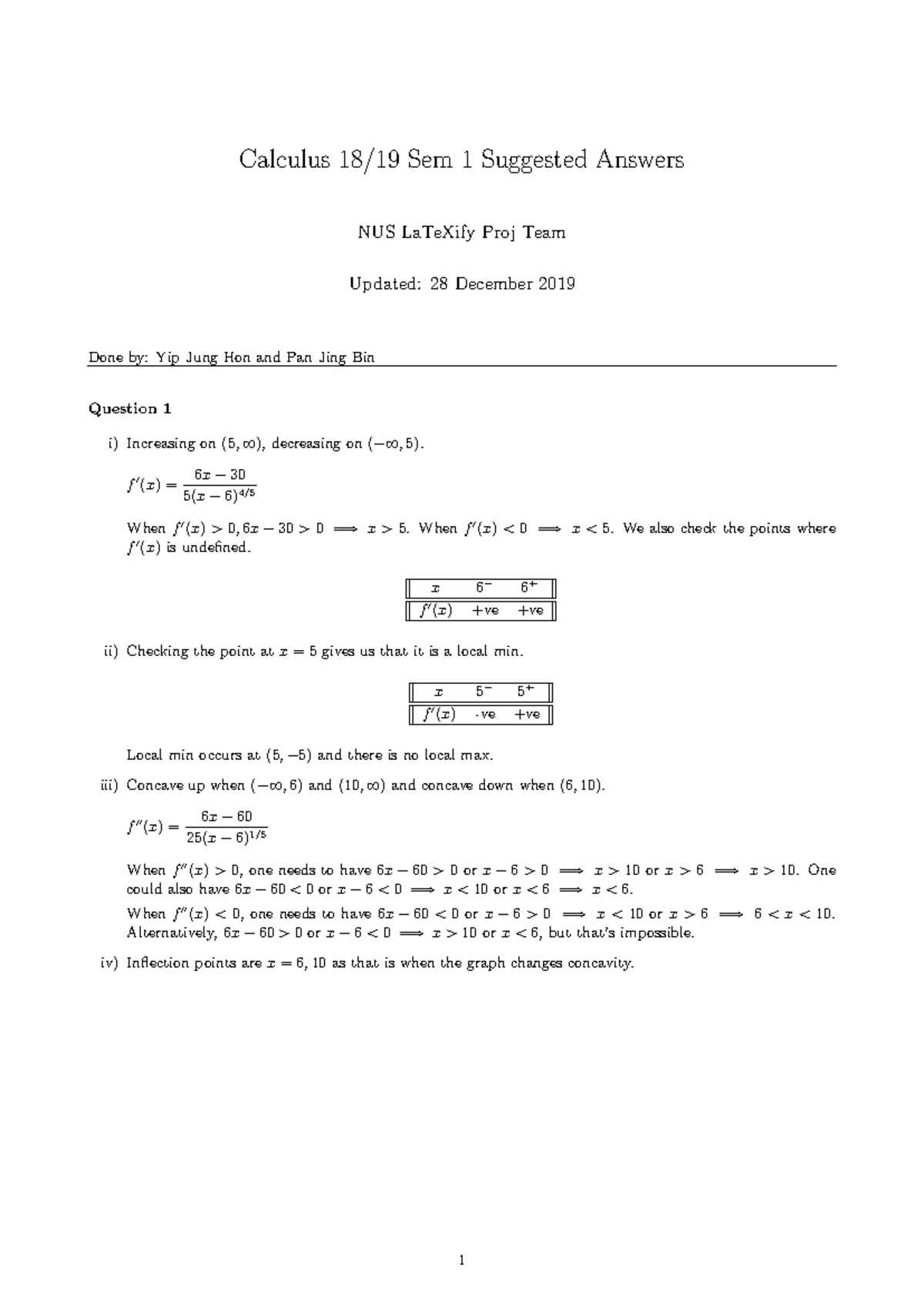 MA1102R 1810 Solutions - Calculus 18/19 Sem 1 Suggested Answers NUS LaTeXify Proj Team Updated ...