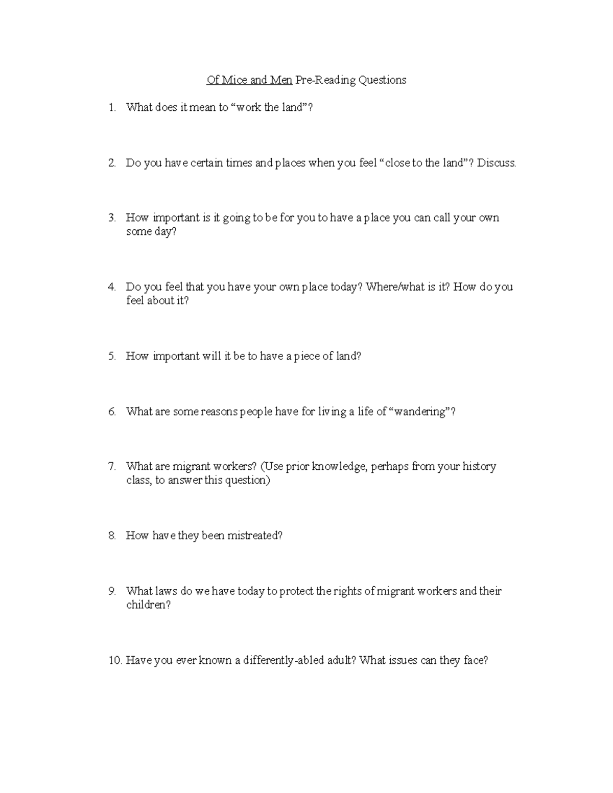 Omam packet - Of Mice and Men Pre-Reading Questions What does it mean ...