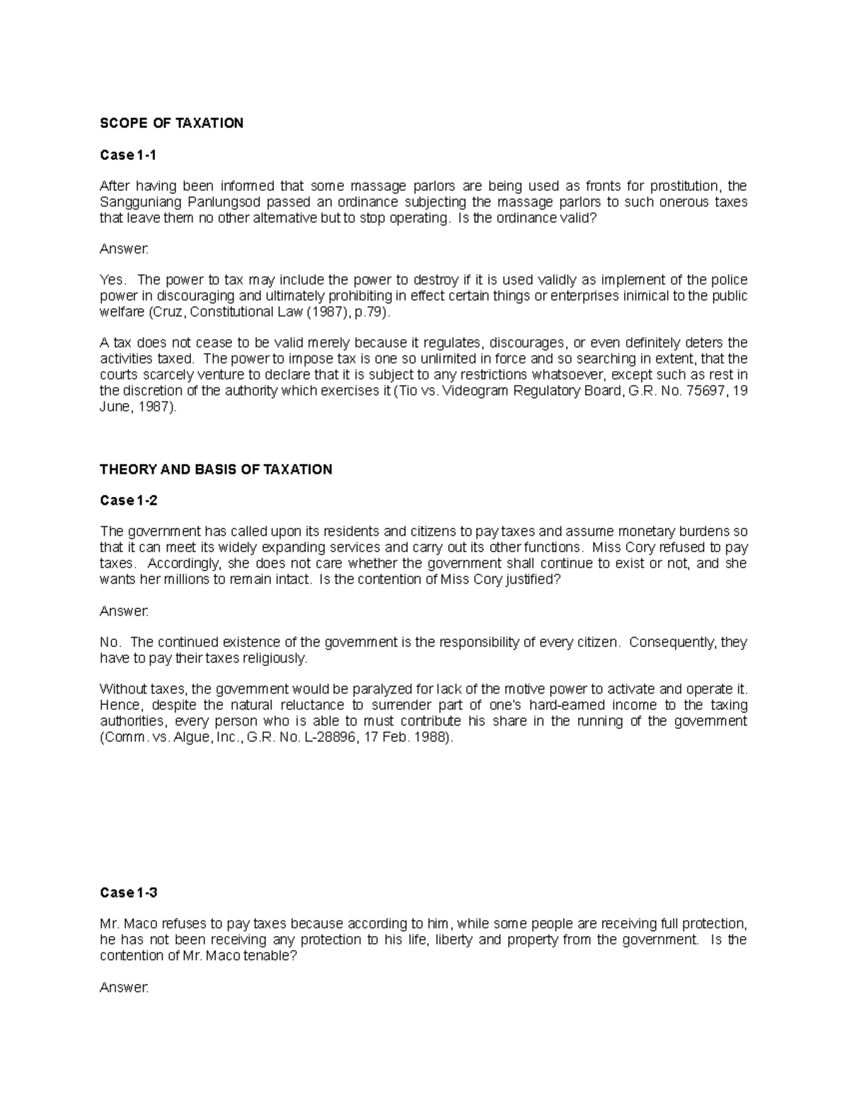 Introduction TO Taxation - CASE Problems - SCOPE OF TAXATION Case 1 ...