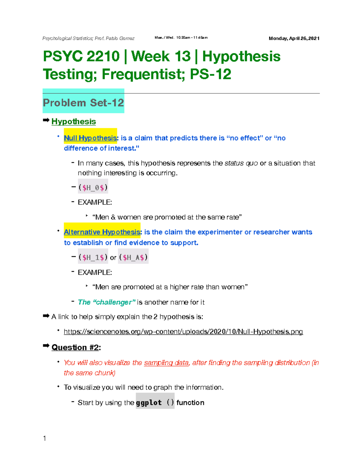 Psyc 2210 Week 13 Monday Lecture Notes Psychological Statistics Prof Pablo Gomez Mon