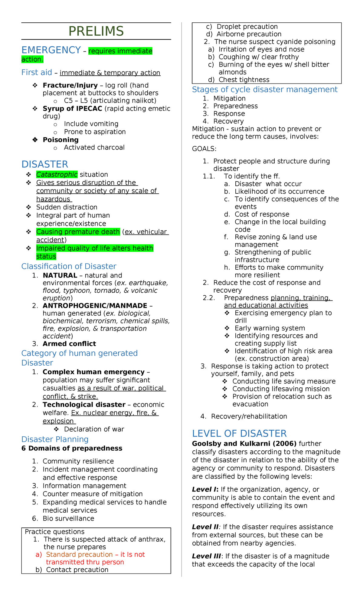 Disaster- Nursing-Prelim - PRELIMS EMERGENCY – requires immediate ...