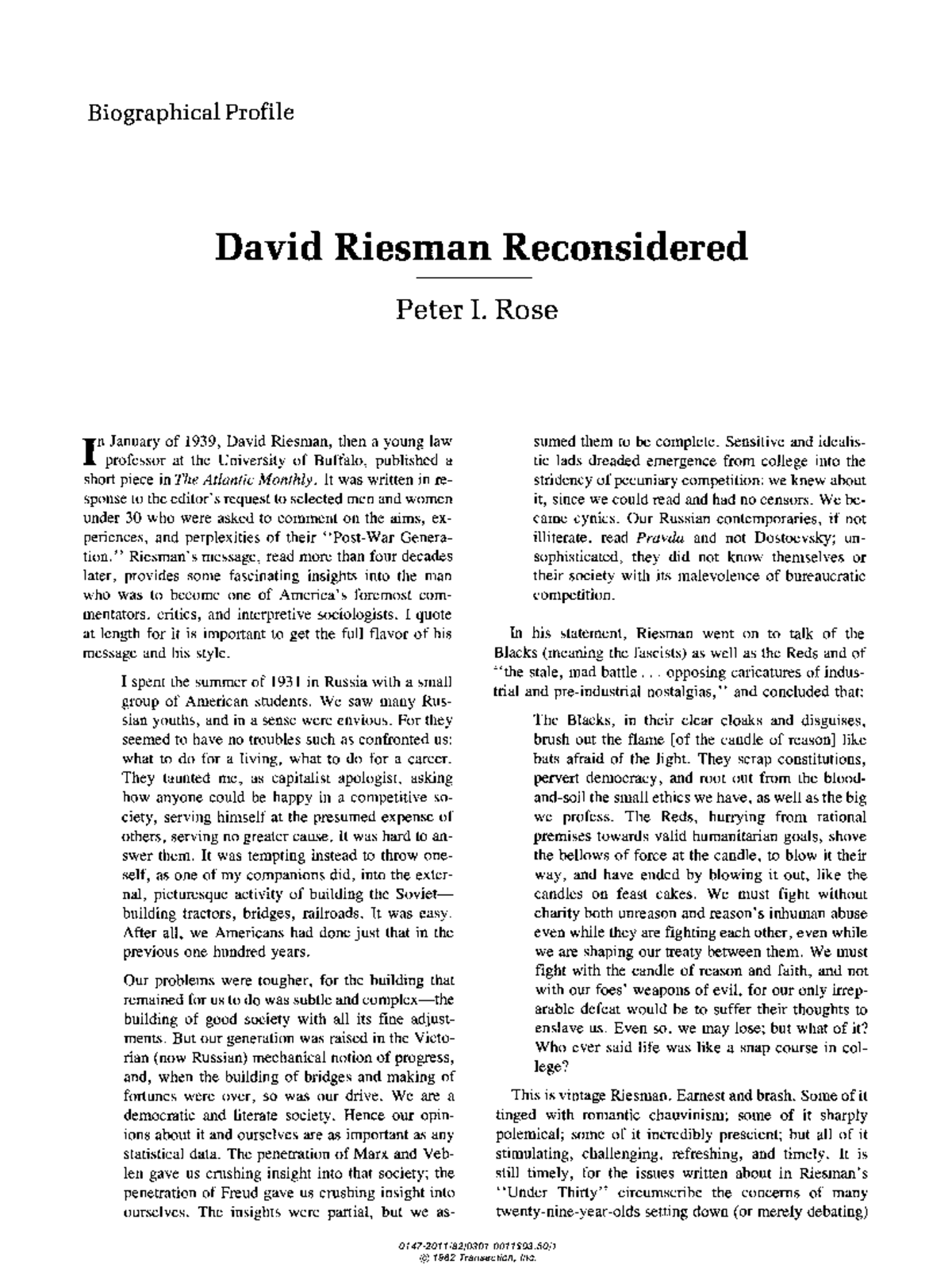 Rose1982 Article David Riesman Reconsidered - Biographical Profile ...