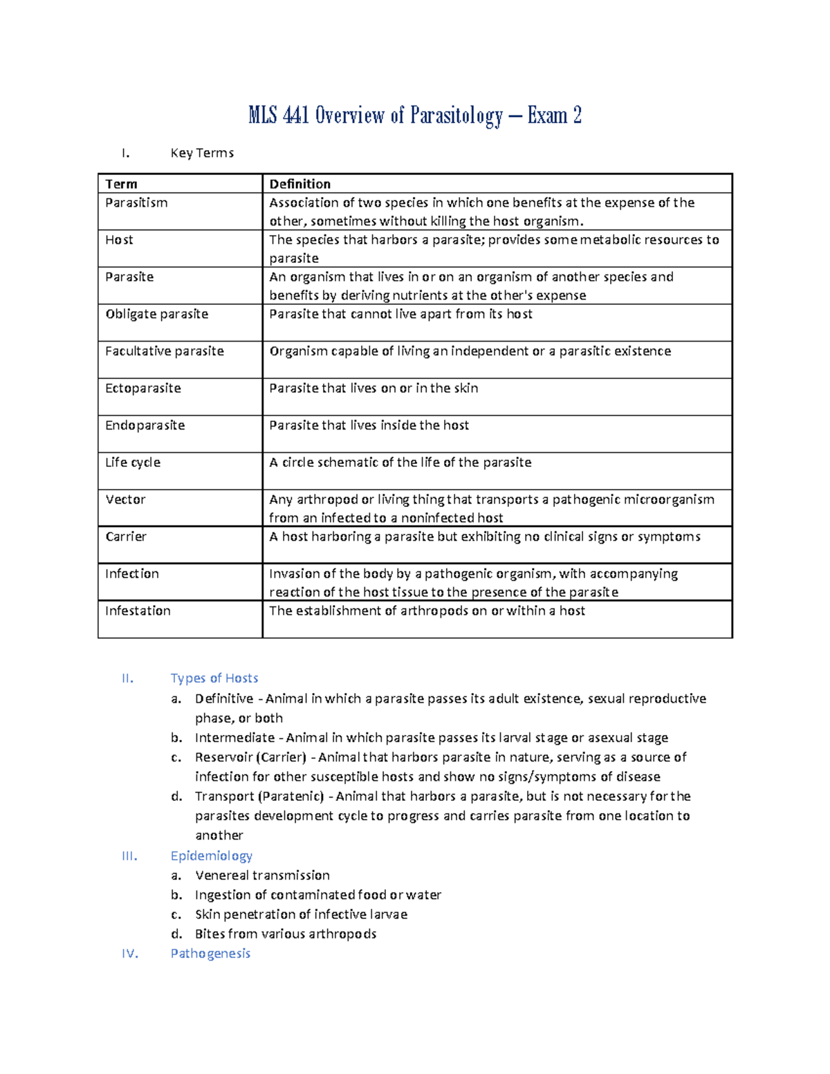 MLS 441 Overview of Parasitology Summary - MLS 441 Overview of ...