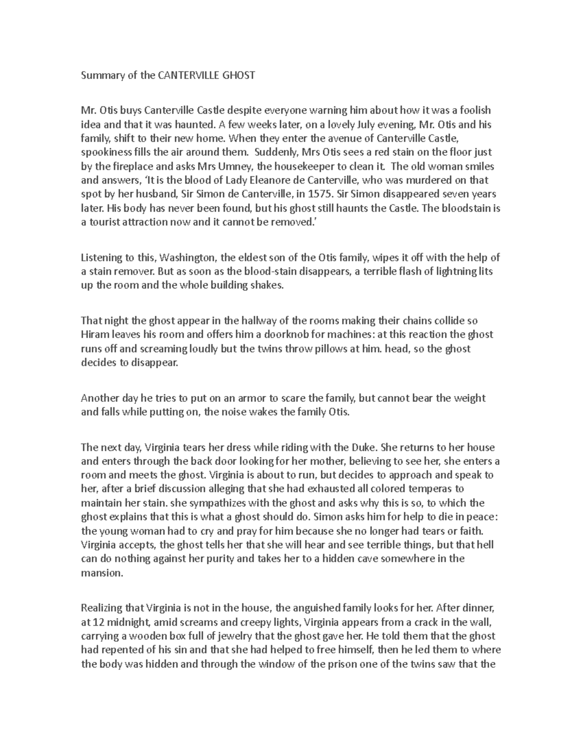 Fantasma de canterville - Summary of the CANTERVILLE GHOST Mr. Otis ...