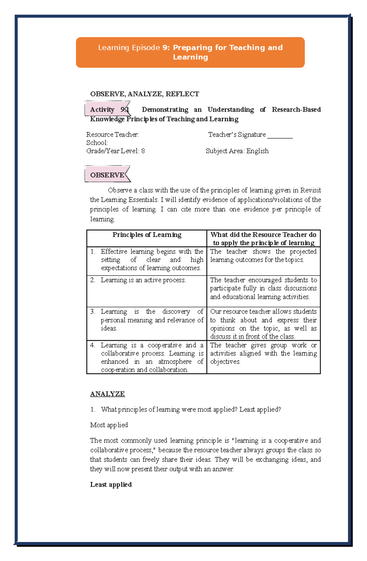 Episode 9 - OBSERVE, ANALYZE, REFLECT Activity 9 Demonstrating an ...