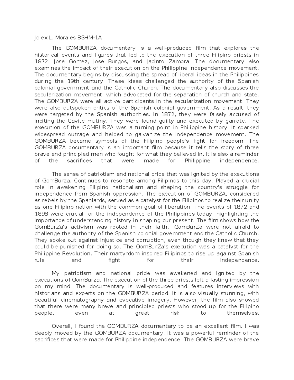 Morales, Jolex L. BSHM-1A reaction paper completed - Jolex L. Morales BSHM-1A The GOMBURZA - Studocu