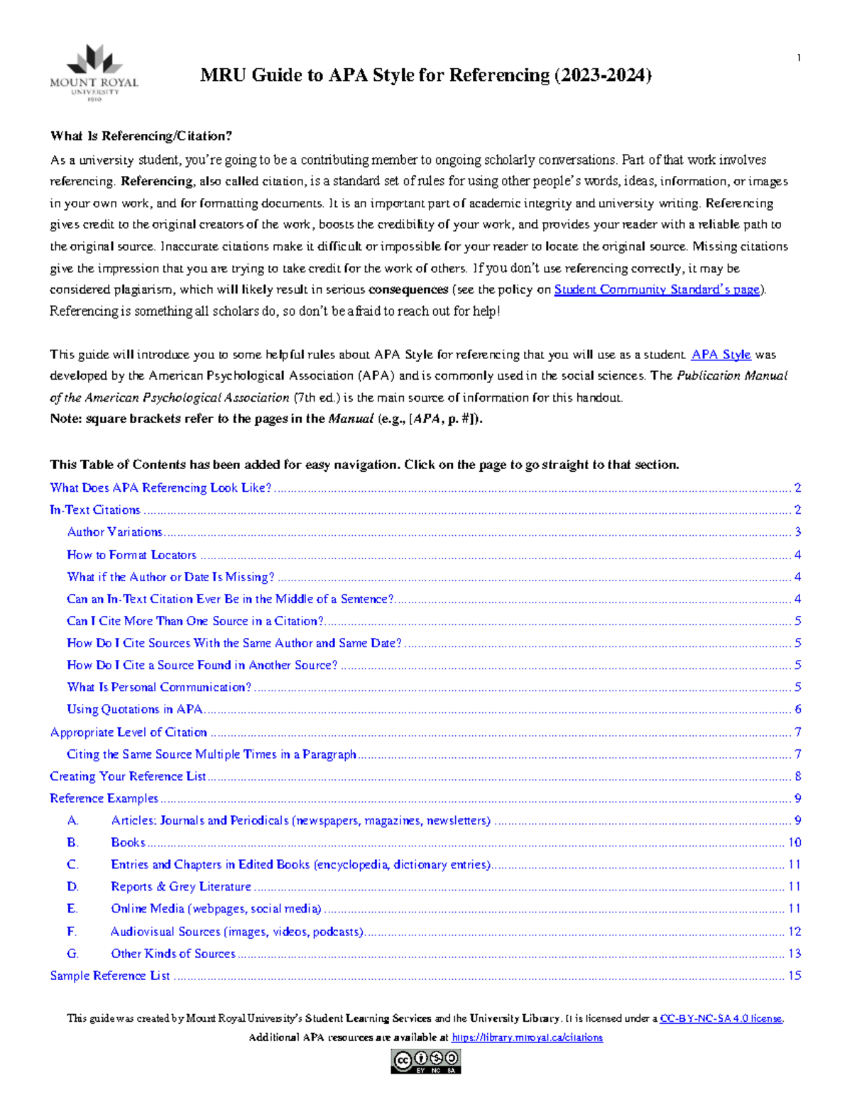 MRU Guide to APA Referencing 2023-2024 - This guide was created by ...