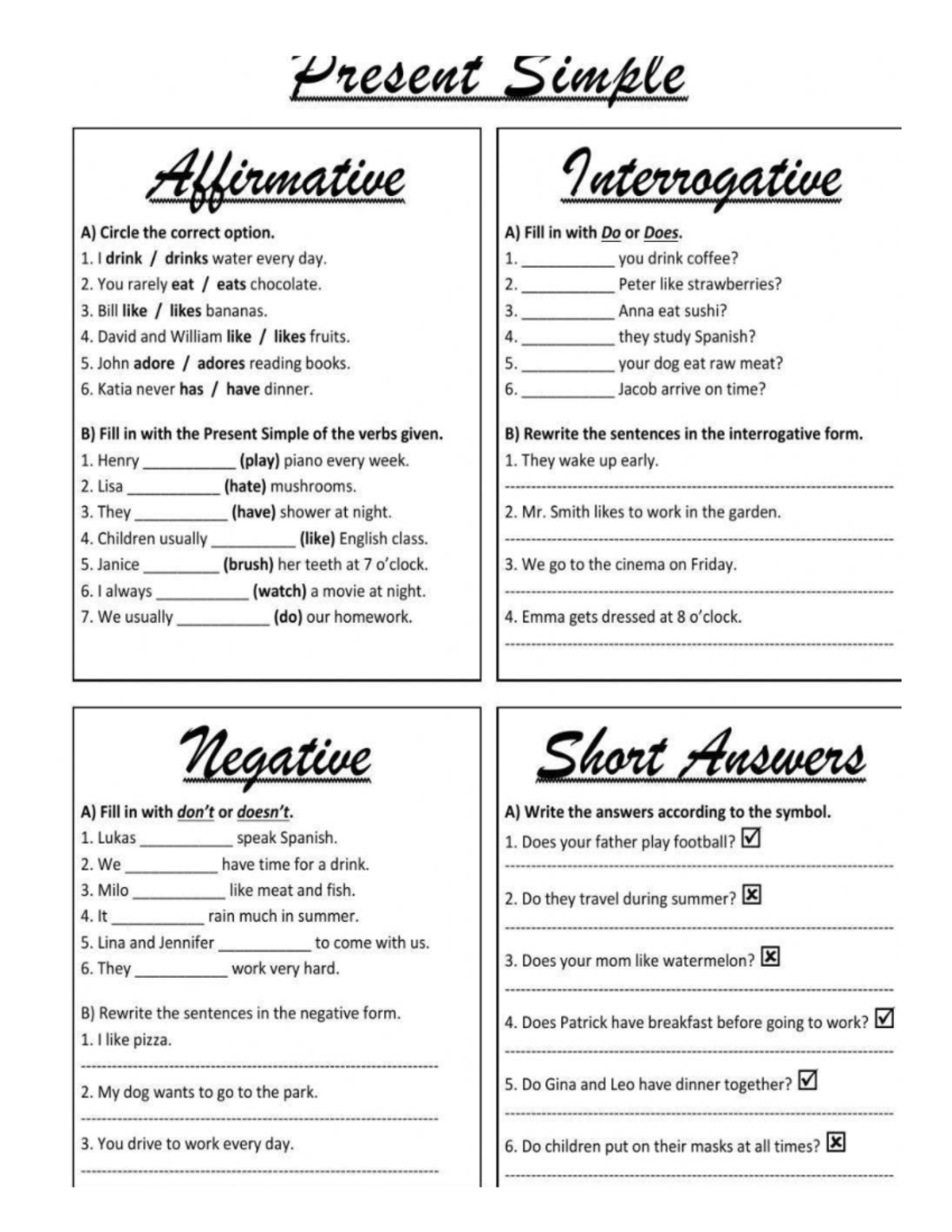 Ex. 2 Present Simple - Grammar Practice - Present Simple Affirmative ...