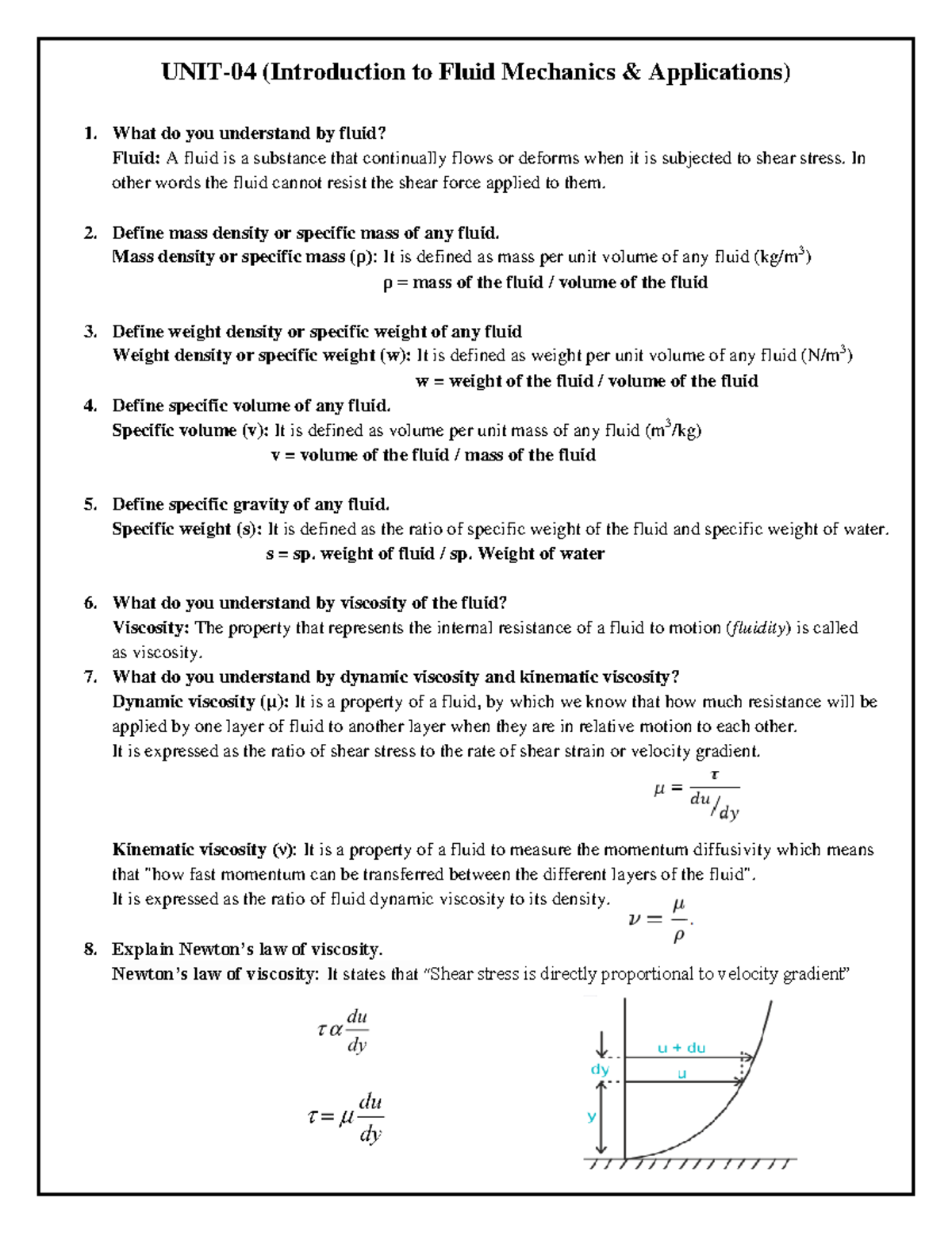 FME Notes unit4 - UNIT-04 (Introduction to Fluid Mechanics ...