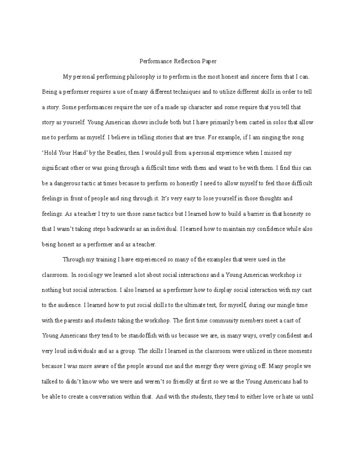 Reflection Paper Outline Performance - Performance Reflection Paper My ...