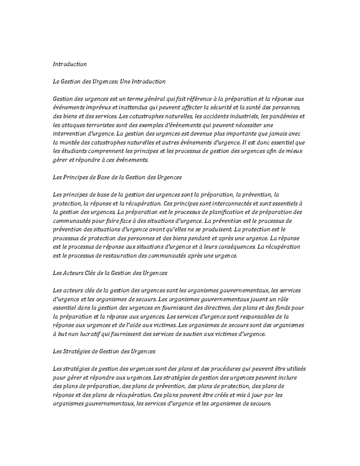 Emergency Management note study - Introduction Le Gestion des Urgences ...