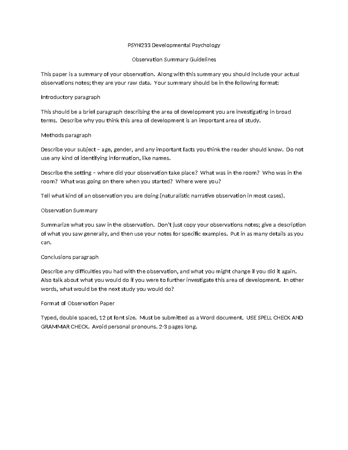 PSYN233 Observation Guidelines - PSYN233 Developmental Psychology ...
