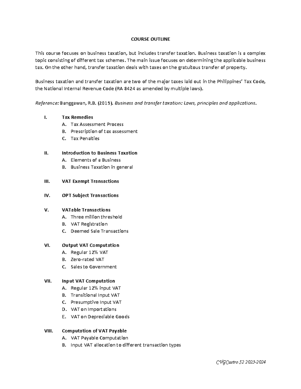 2-Business Taxation Course Outline - CVGCastro S 2 2023 - 2024 COURSE ...