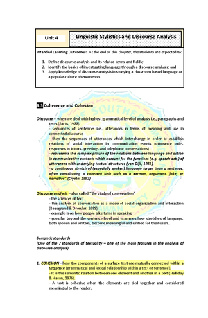 4 - Linguistic-Stylistics-and-Discourse-Analysis Lecture Note - tended Learninng Outcomes: At ...