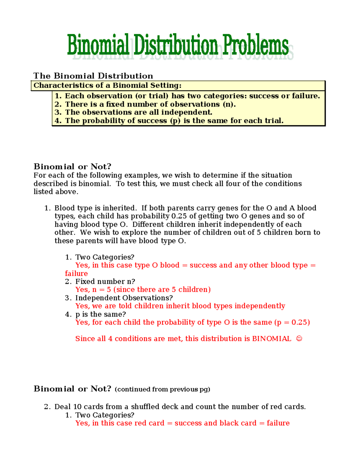 Binomial packet answers 1 - The Binomial Distribution Characteristics ...