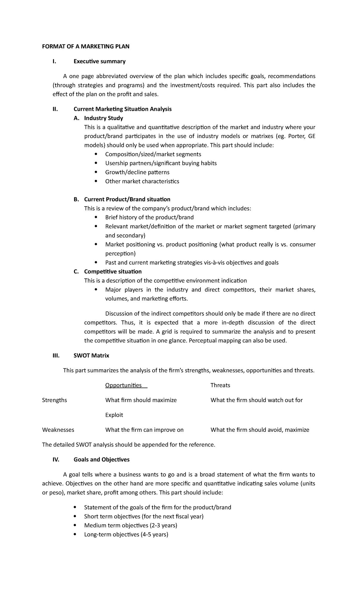1 - This is a coursework. - FORMAT OF A MARKETING PLAN I. Executive ...