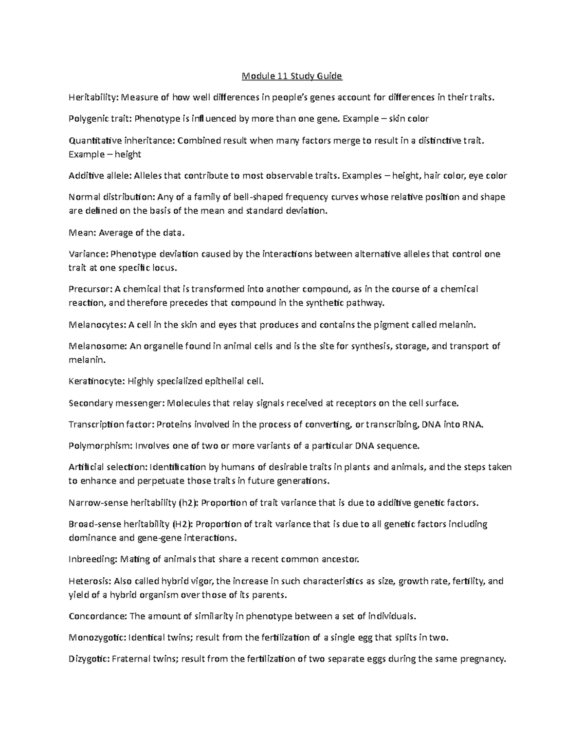 Module 11 Study Guide - Module 11 Study Guide Heritability: Measure of ...
