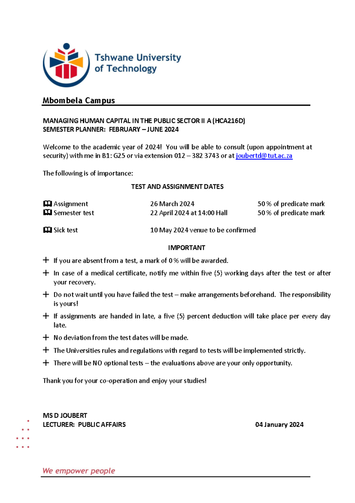 HCA216D Semester planner 2024 - Mbombela Campus MANAGING HUMAN CAPITAL ...