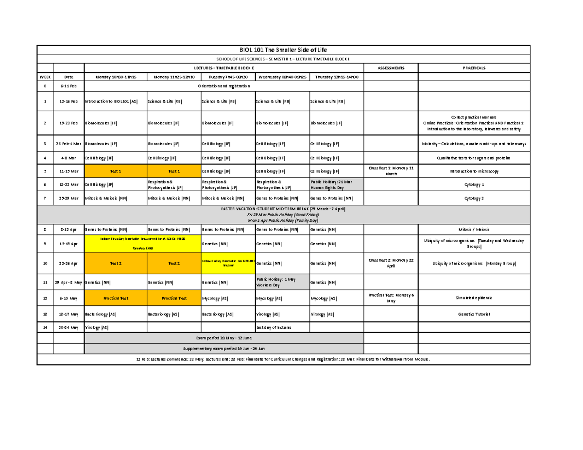 BIOL101P1 Timetable 2024 20Mar2024 - ASSESSMENTS PRACTICALS WEEK Date ...