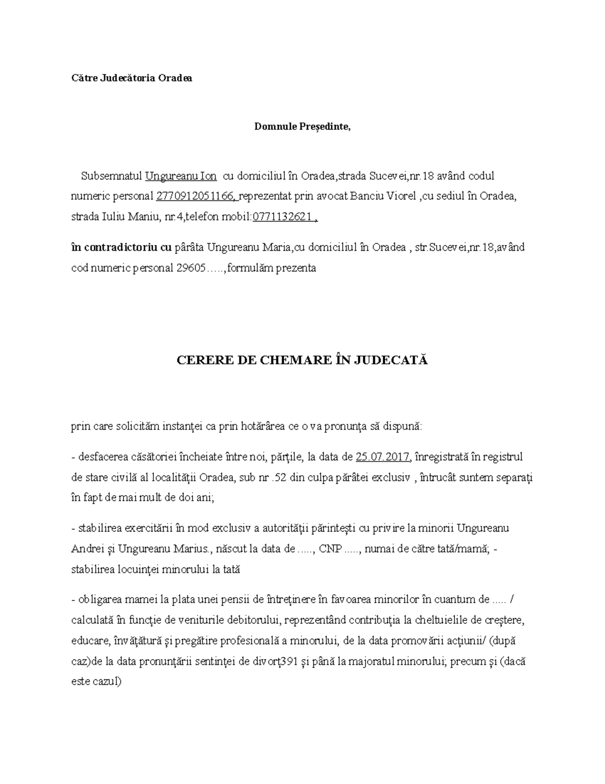 Cerere de acțiune divorț ION Ungureanu, CULPĂ ExclusivĂ - Către ...