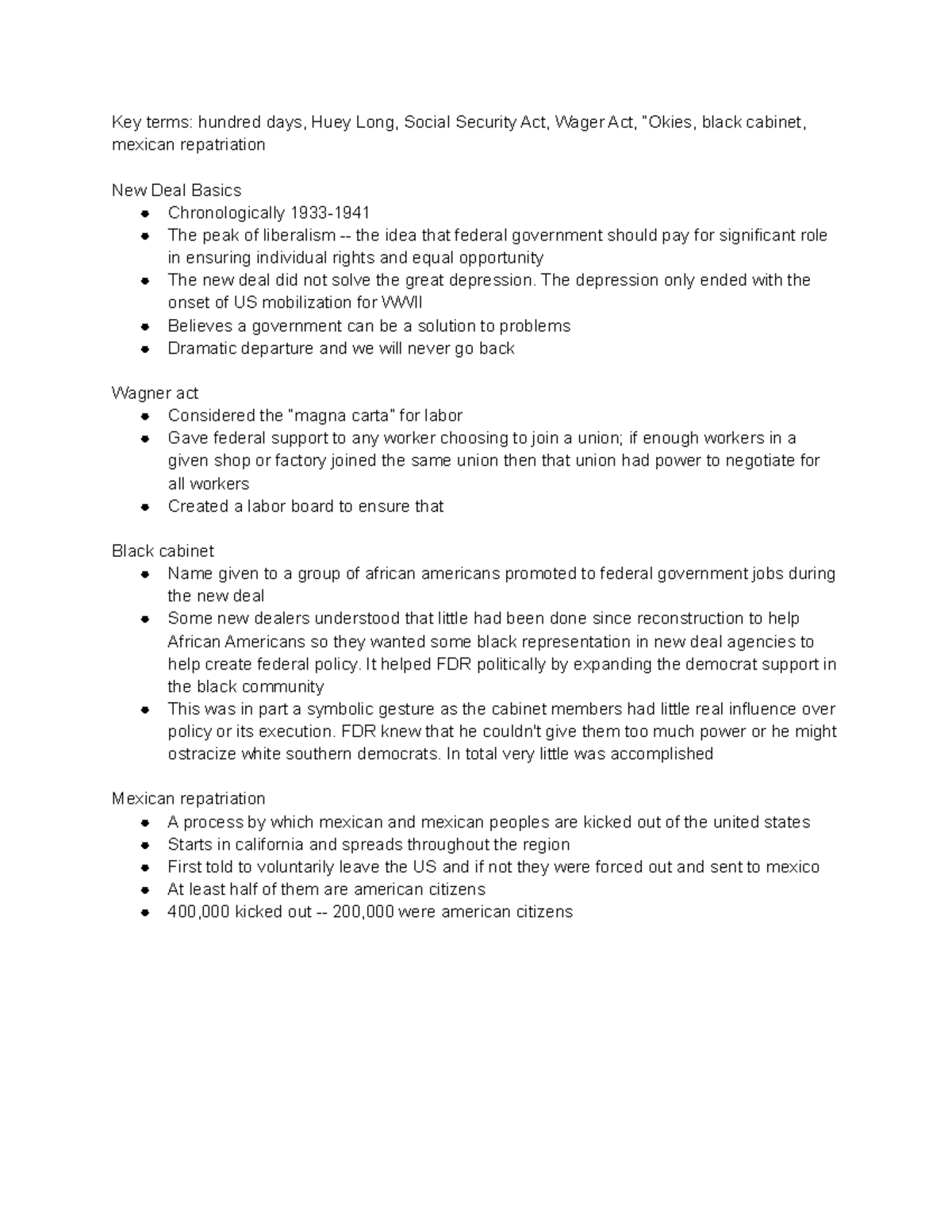The new deal - History 151 - Key terms: hundred days, Huey Long, Social ...