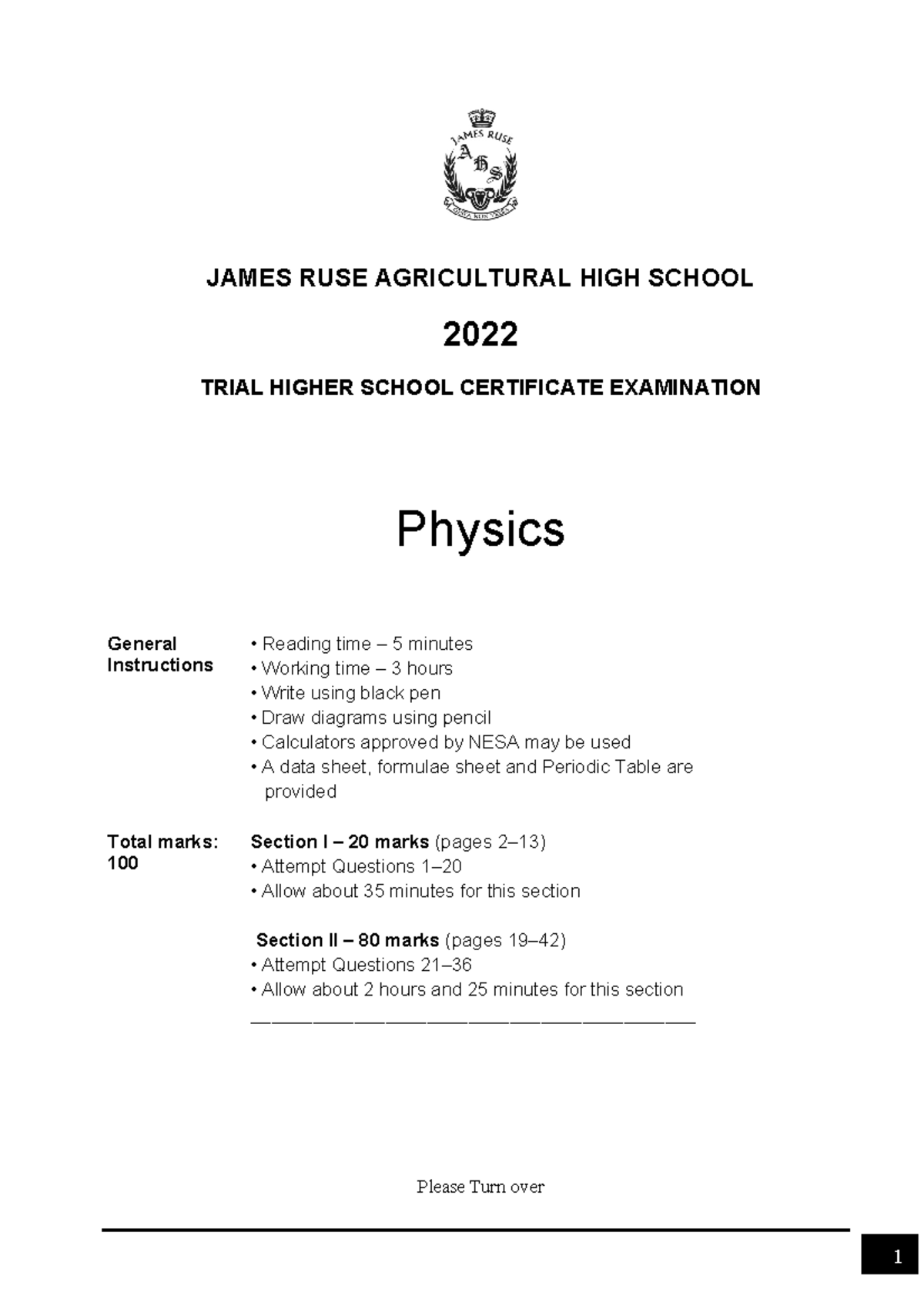 2022 Ruse Physics Trial Solutions 1 - JAMES RUSE AGRICULTURAL HIGH ...