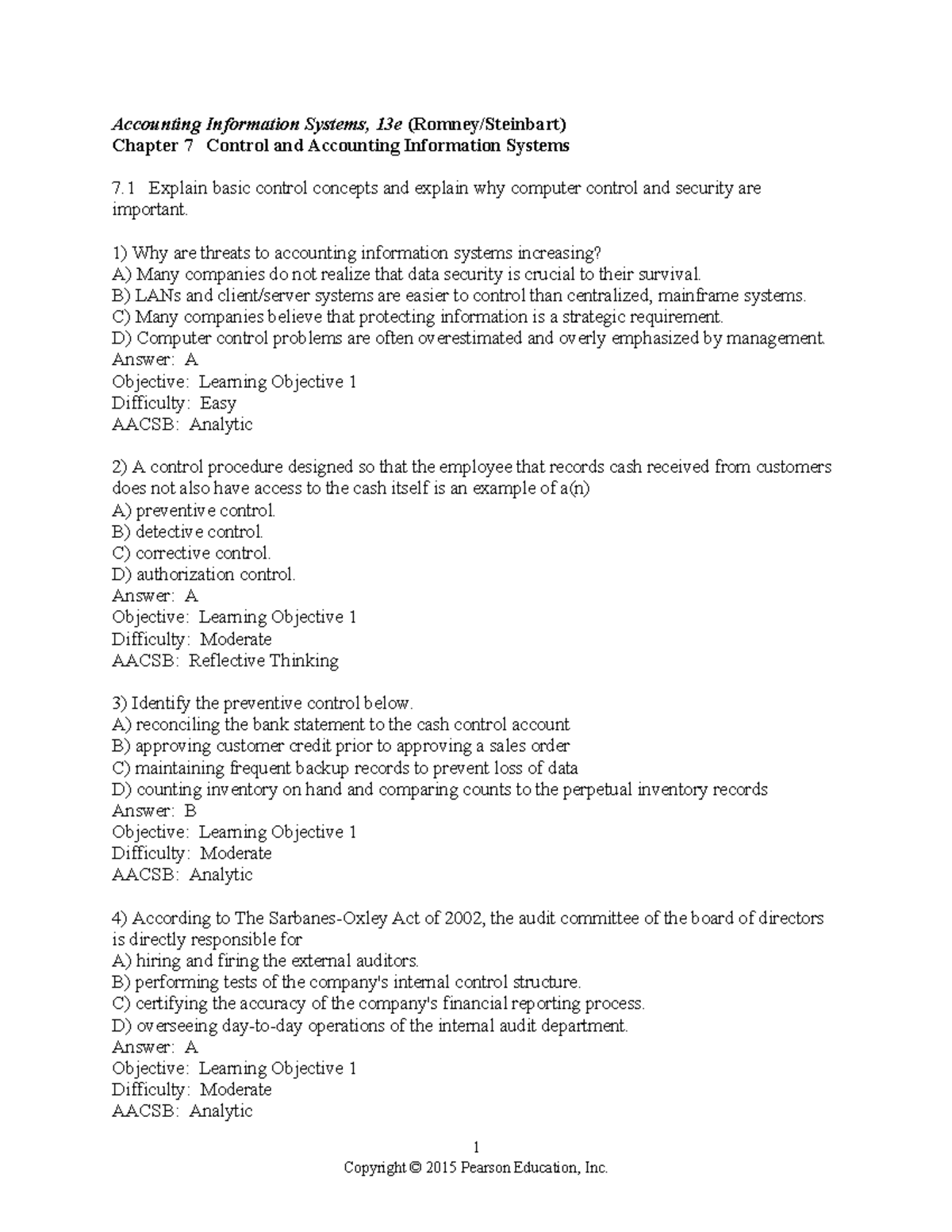 Exam chapter-7-, answers - Accounting Information Systems, 13e (Romney ...