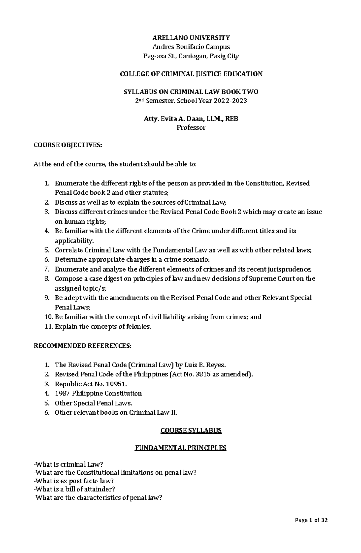 Syllabus in Crim Law Book II Atty - ARELLANO UNIVERSITY Andres ...