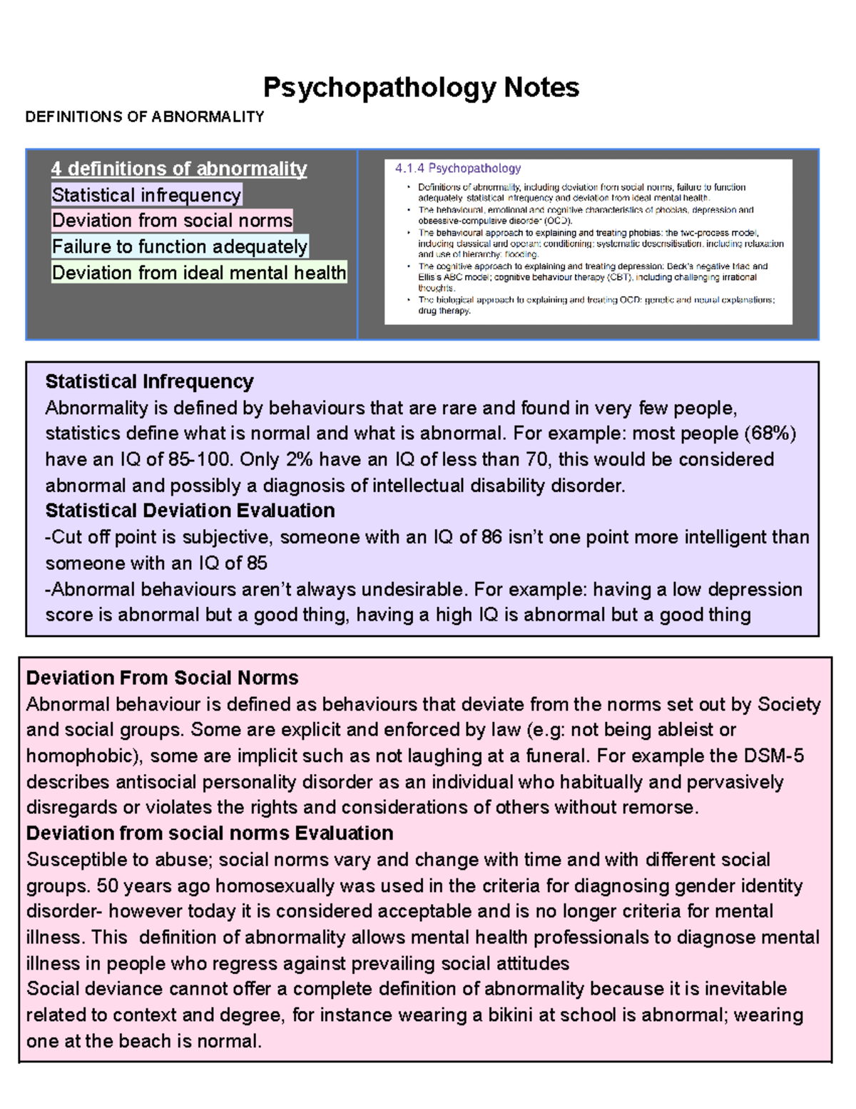 Psychopathology Notes Final - Psychopathology Notes DEFINITIONS OF ...