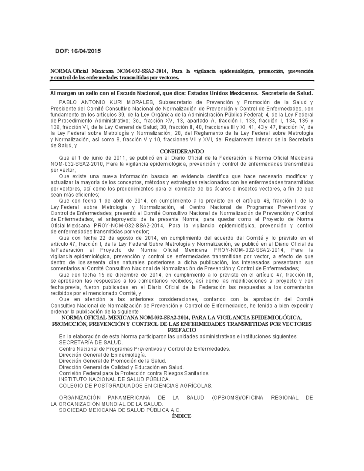 NOM 032 SSA2 2014 - NOM 032 SSA2 2014 - DOF: 16/04/ NORMA Oficial ...