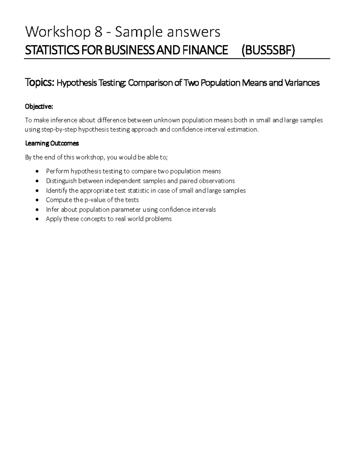 Workshop 8 Solution- Hypothesis testing to compare two population means ...
