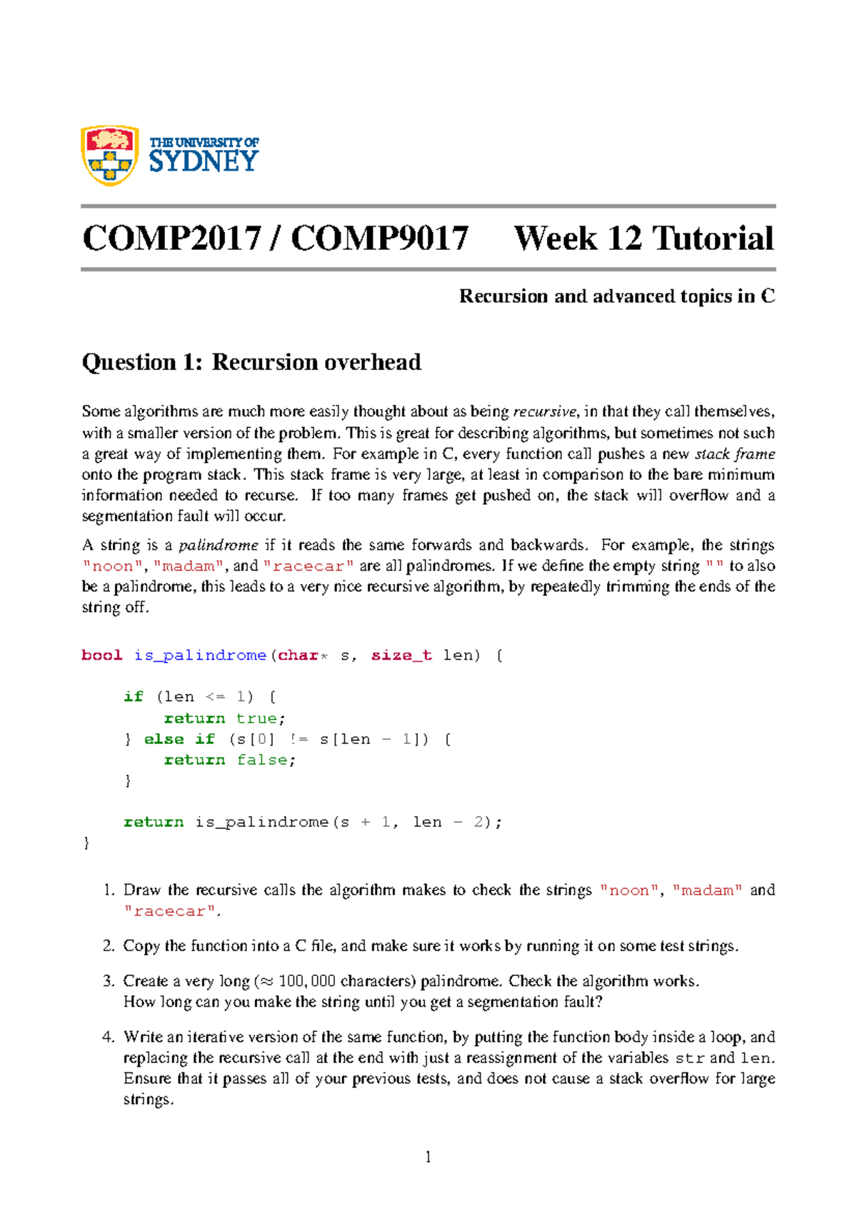 Week 12 - Recursion and Aliasing - COMP2017 / COMP9017 Week 12 Tutorial Recursion and advanced ...
