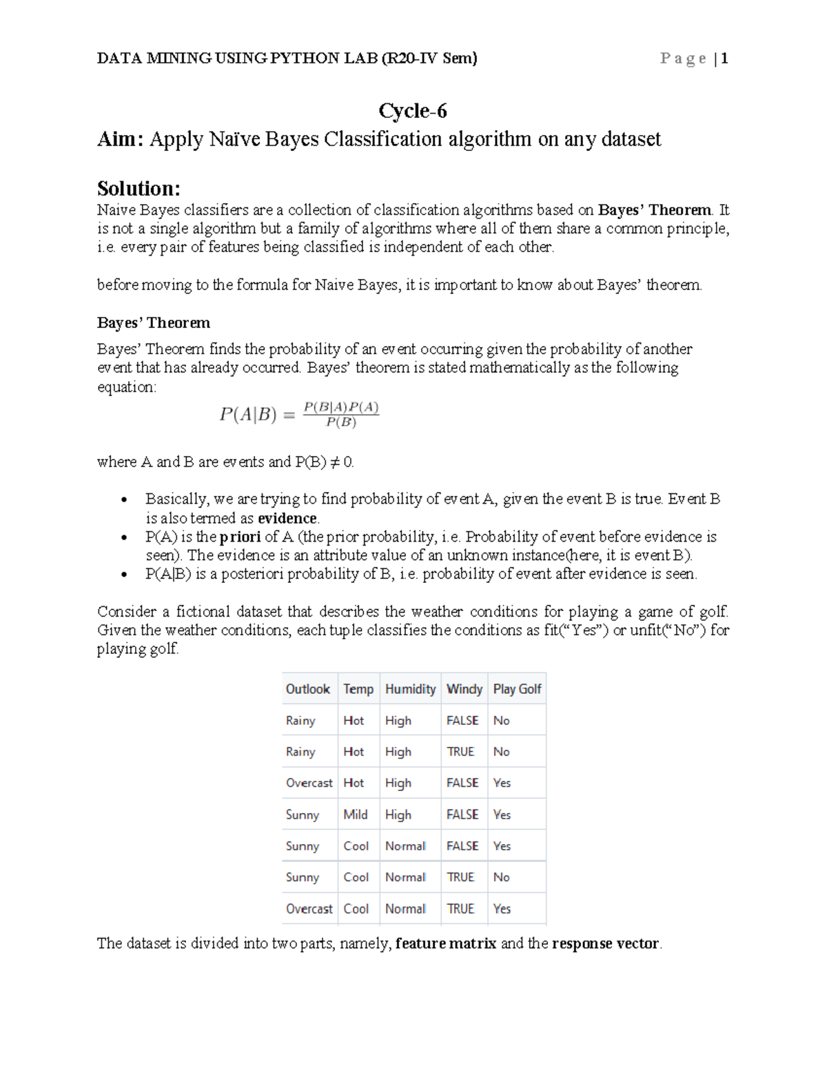 Dm lab cycle 6 1 - Lecture - Cycle- Aim: Apply Naïve Bayes Classification algorithm on any ...