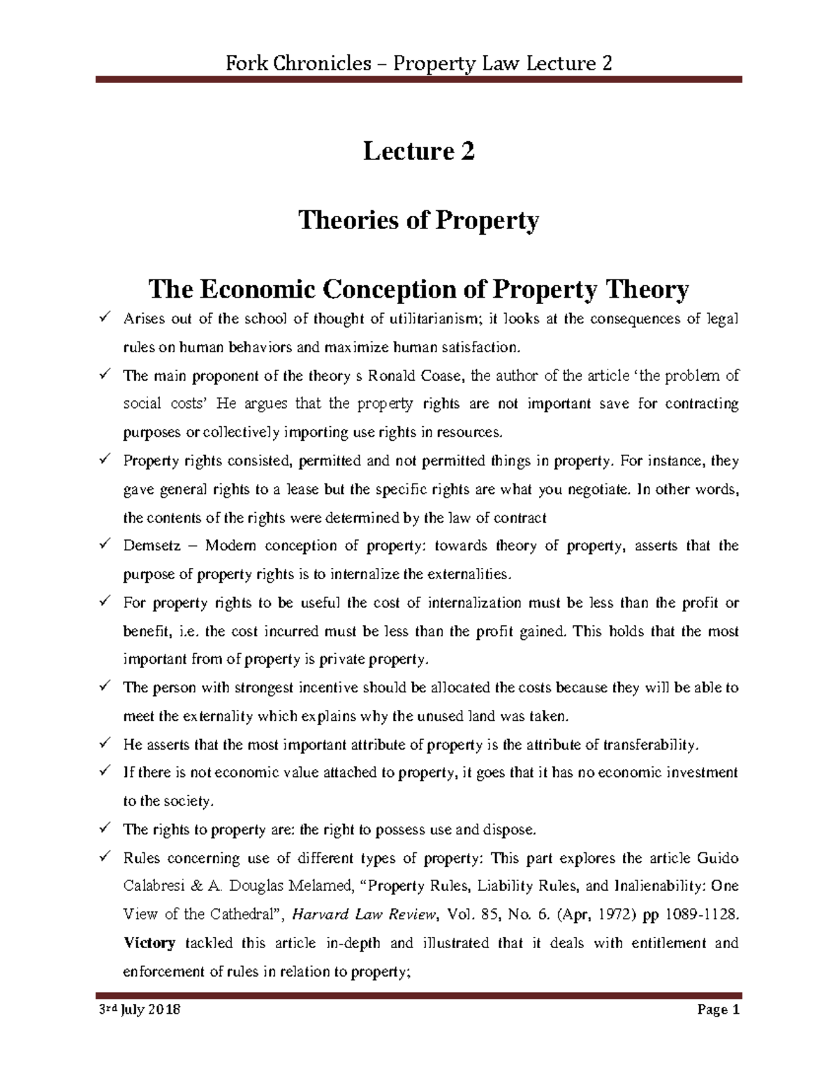 Property Law Lecture 2 - Lecture 2 Theories of Property The Economic ...