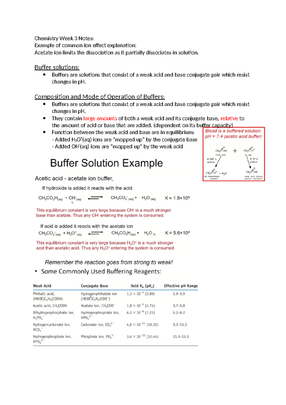 CHEM1001 Week 3 Notes - Chemistry Week 3 Notes: Example of common ion ...