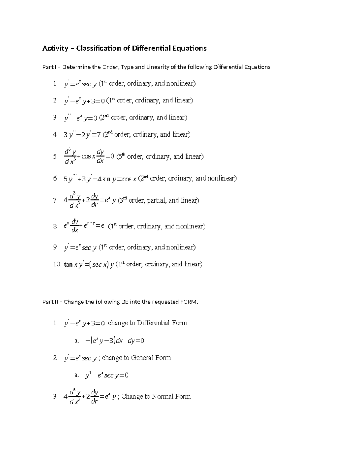 Activity - Classification of Differential Equations - y' =e x sec y ...